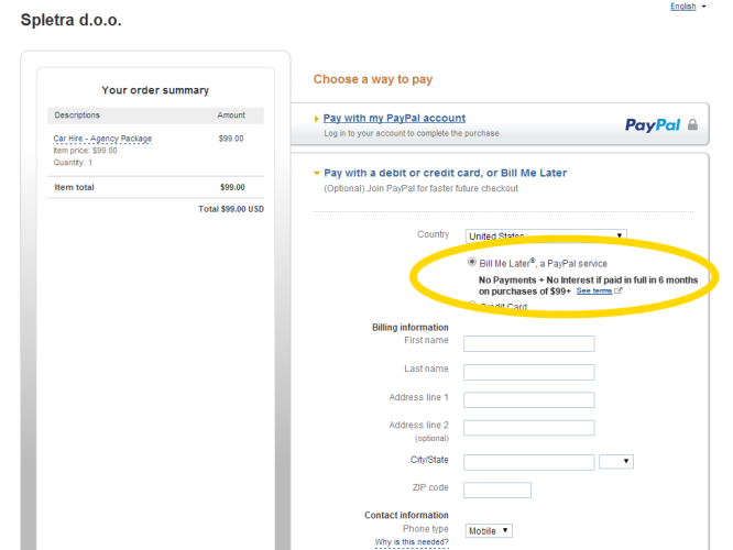 Pay without PayPal account & Bill me Later - BookingWP™